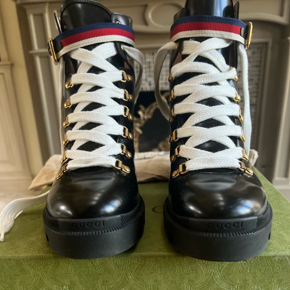 Gucci | Shoes | Gucci Calfskin Sylvie Web Womens Lace Up Combat Boots ...